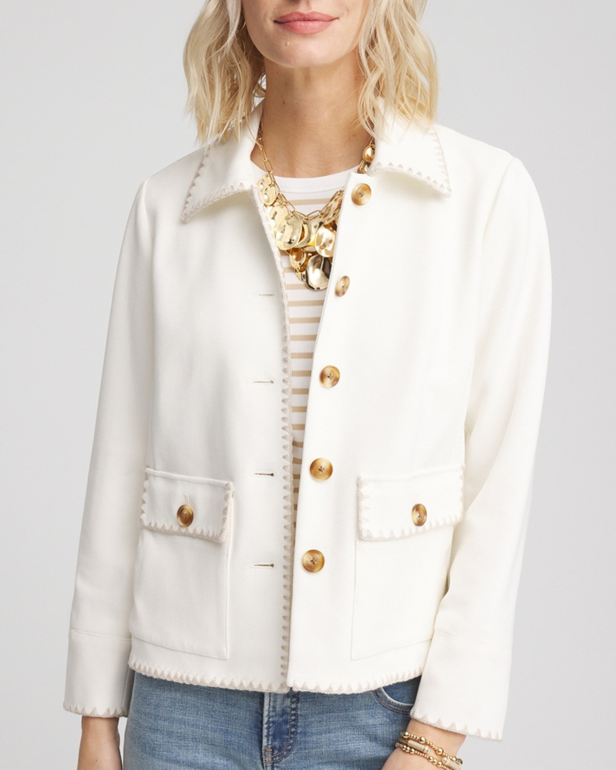 White Button Front Military Style Jacket - RUNWAYVO