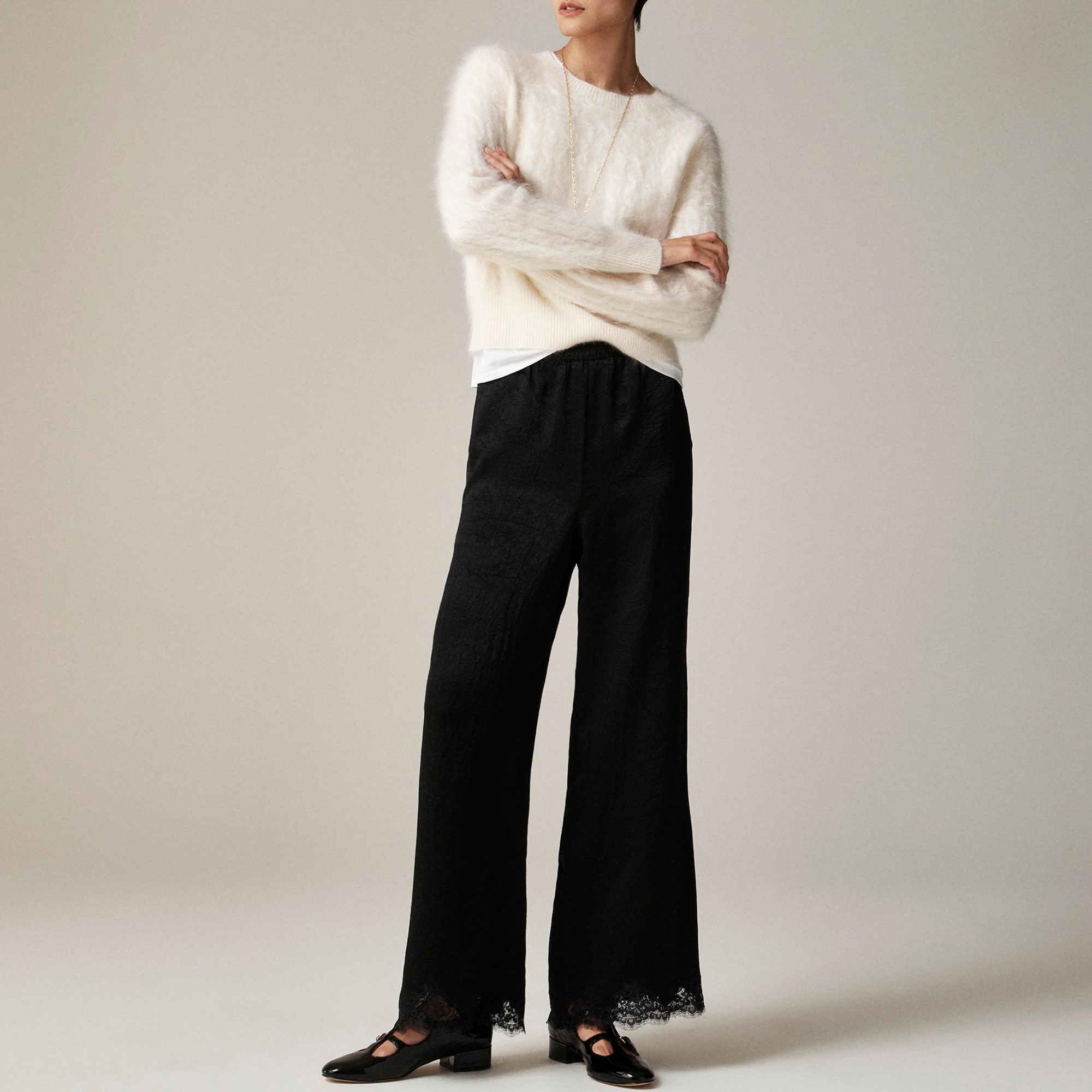 Satin Lace Hem Wide Leg Crop Pants - FASHRAE