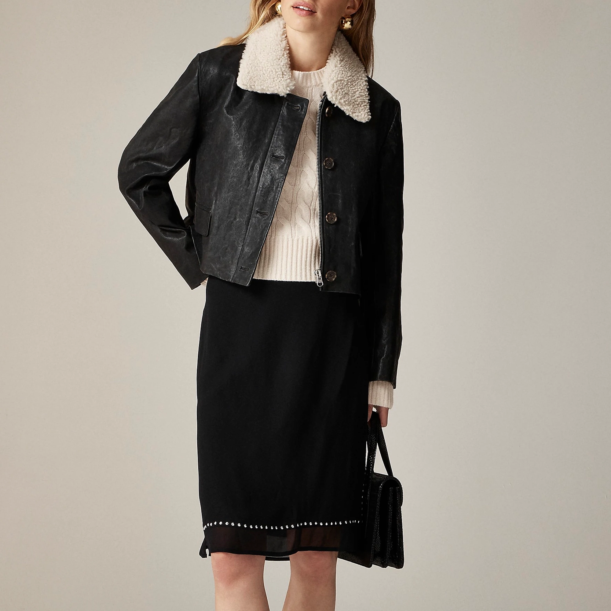 Cropped Leather Coats with Sherpa Collar - FASHRAE