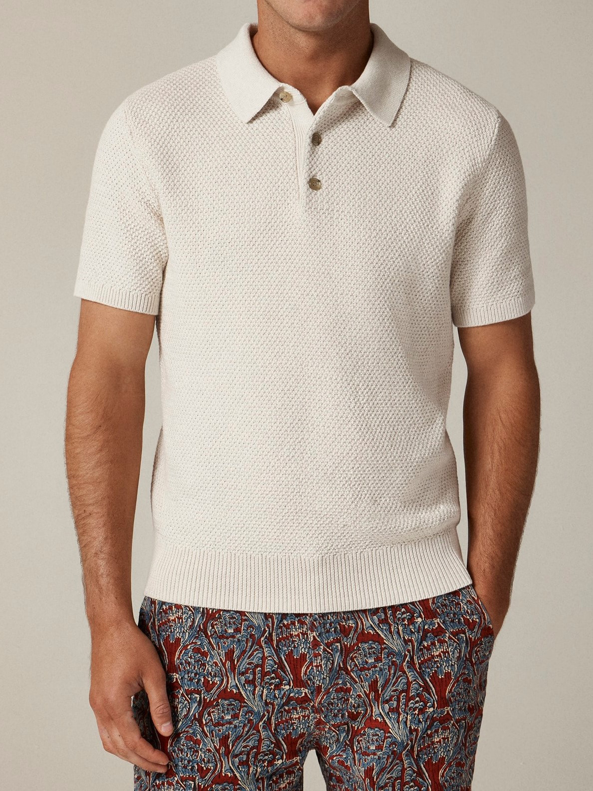 Cream Colored Short Sleeve Polo Style Knit Sweater - VIONIRAX